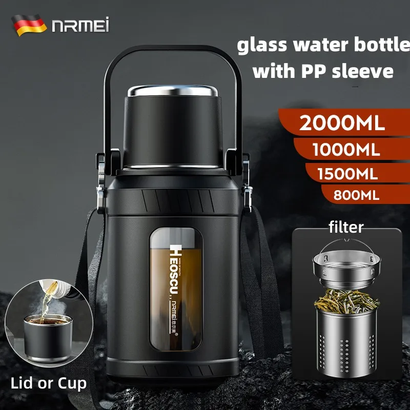 2LWater-Bottle-with-Sleeve-Glass-Water-Bottles-with-Lid-Handle-Travel ...