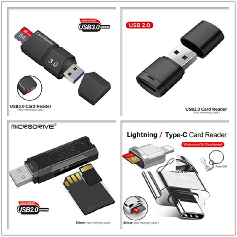 Memory Card USB Flash Reader USB 2.0 / 3.0 / Type C / Lightning / 2 in ...