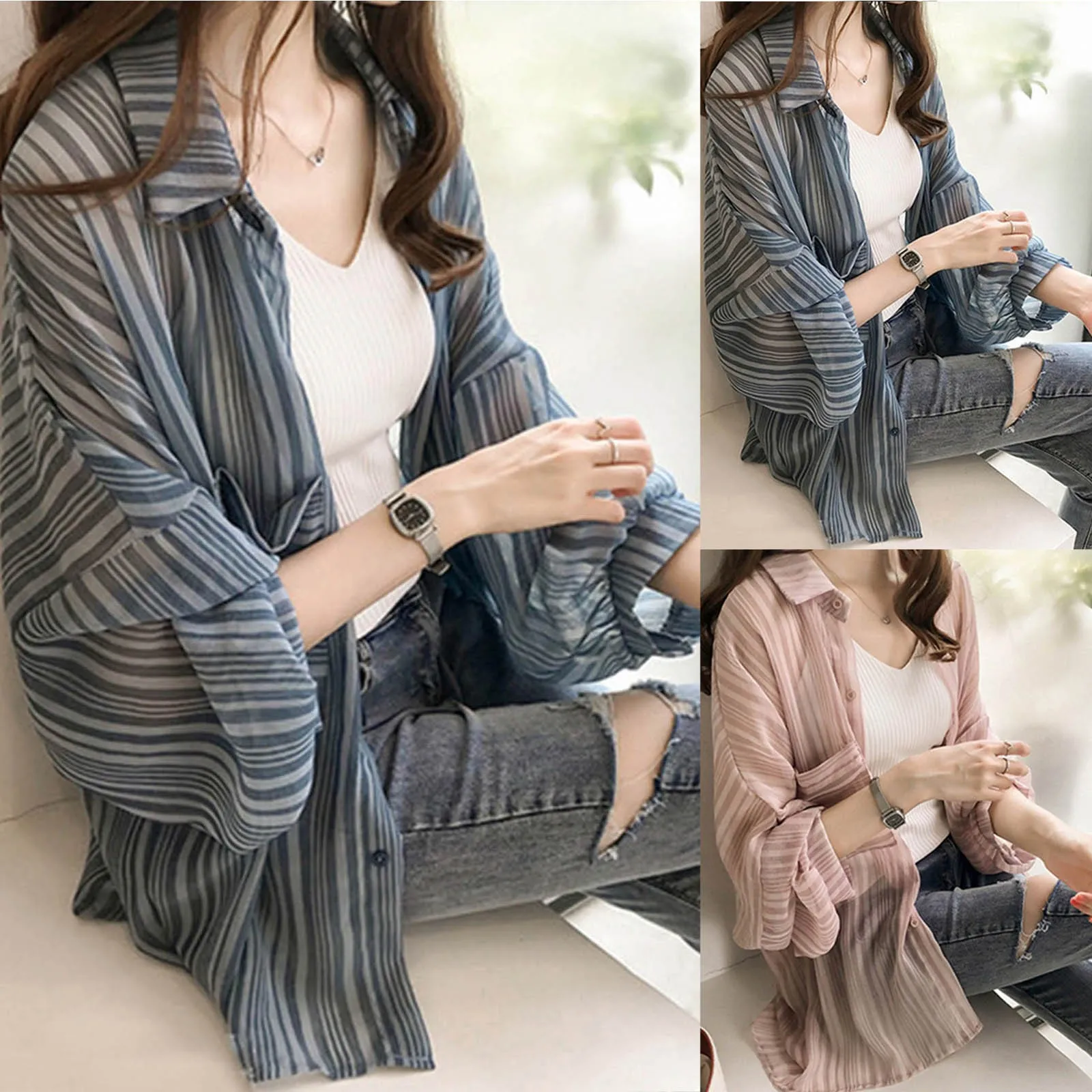 Korea-Women-Lapel-Shirt-Blouse-Vertical-Striped-Cardigan-Shirt-Women-s ...