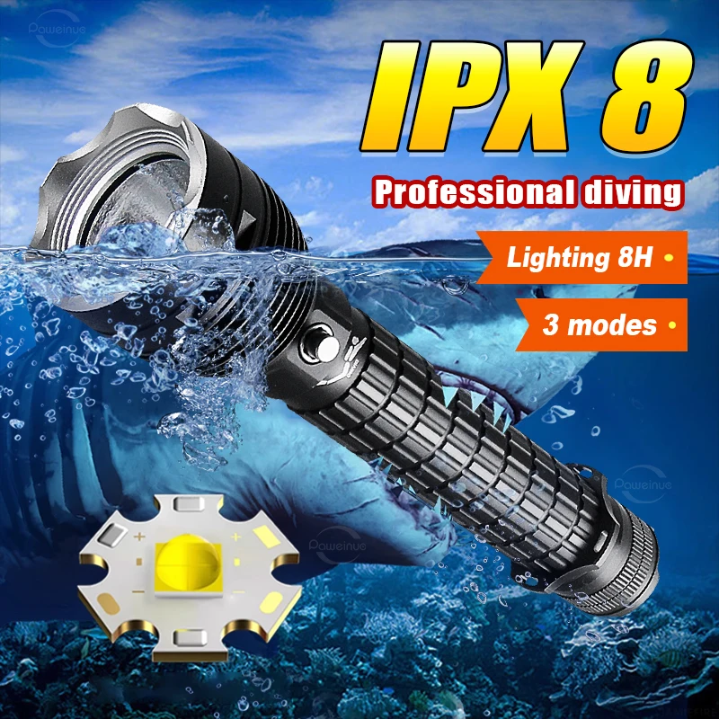 XHP70-Diving-Flashlight-Rechargeable-Diving-Torch-IPX8-Waterproof-Led ...