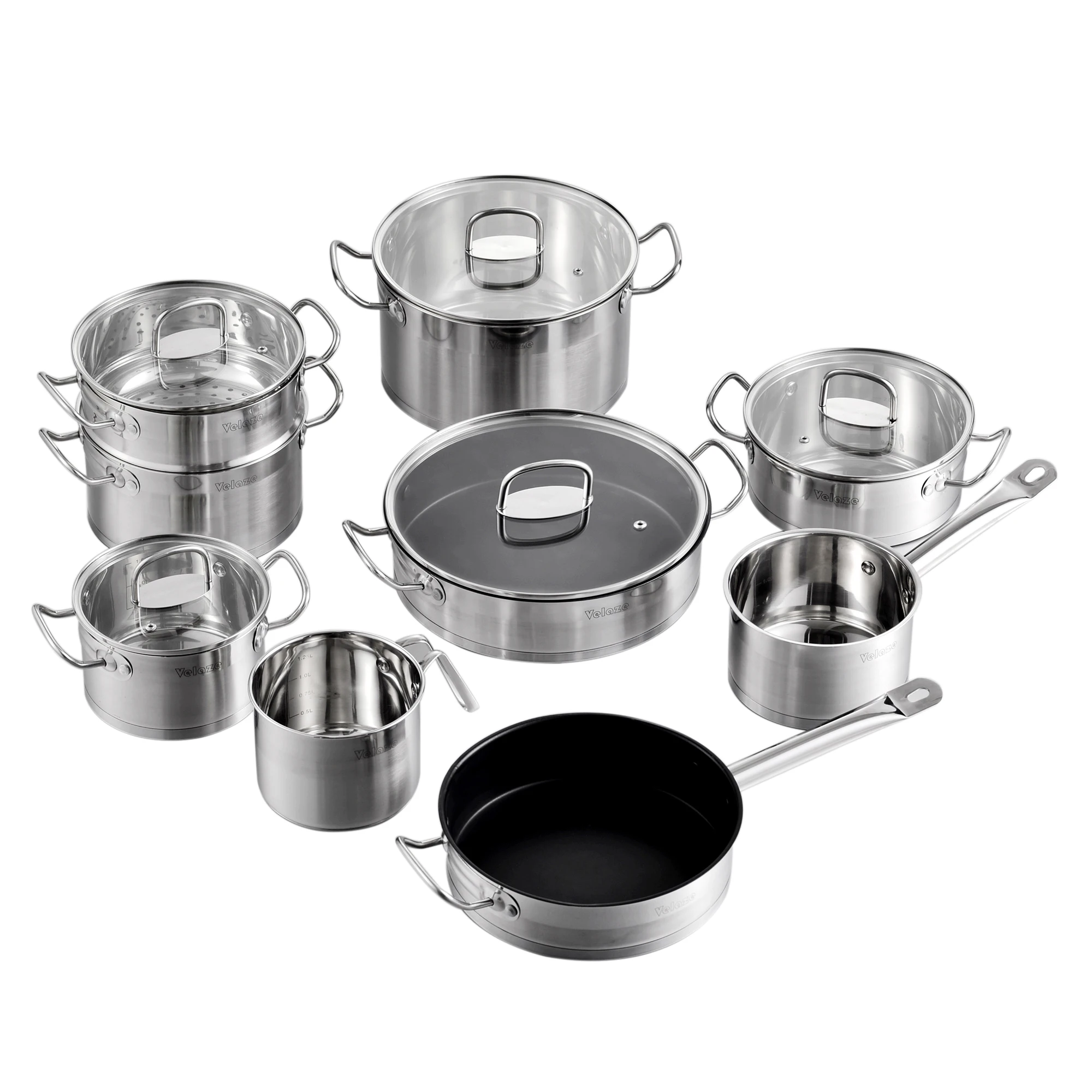 Velaze-Kitchen-Cookware-Set-9-12-14-PCS-Stainless-Steel-Cooking-Pot-Pan ...