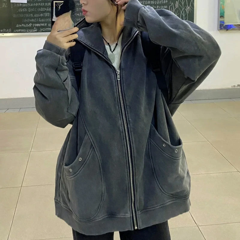 High Street Y2k Jackets Hooded Pockets Zipper Solid Color Long Sleeve ...