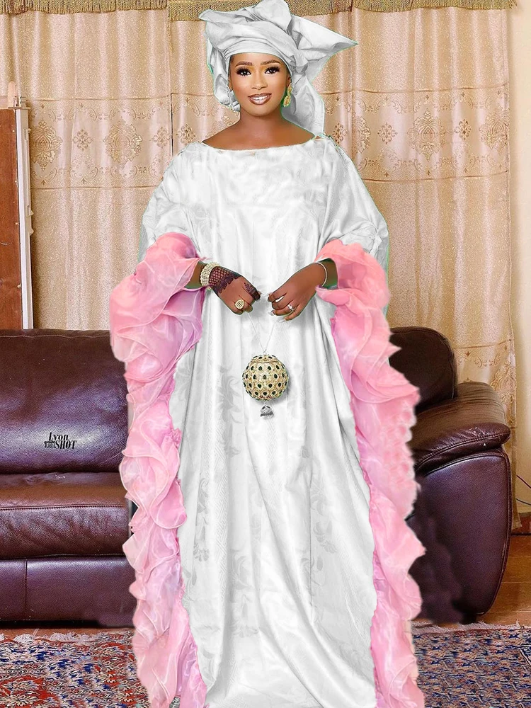 White-And-Pink-Wedding-Elegant-Lady-Top-Quality-Original-Bazin-Riche-Long-Dresses-For-African ...