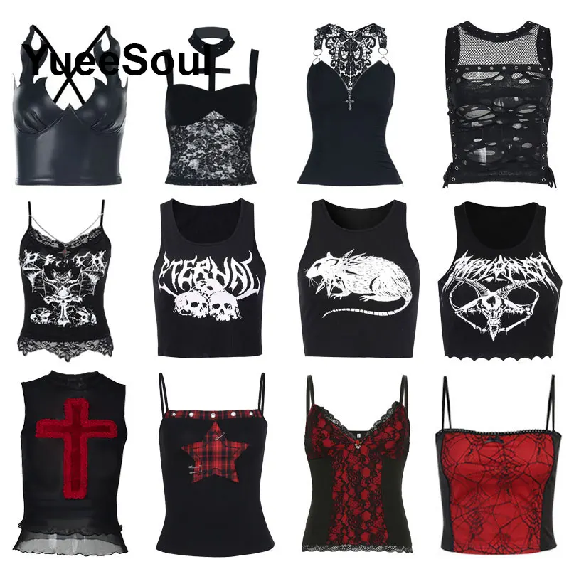 Gothic Printed Crop Tops Halloween Goth Punk Lolita Camis 2025 New ...