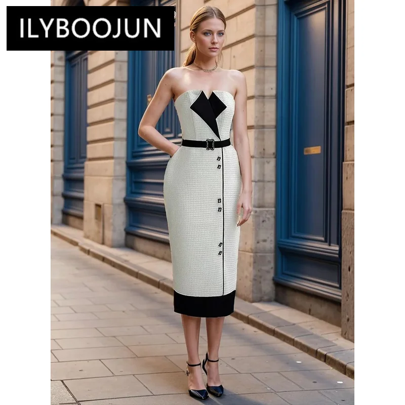 ILYBOOJUN-Colorblock-Temperament-Spliced-Belt-Dress-For-Women-Strapless ...