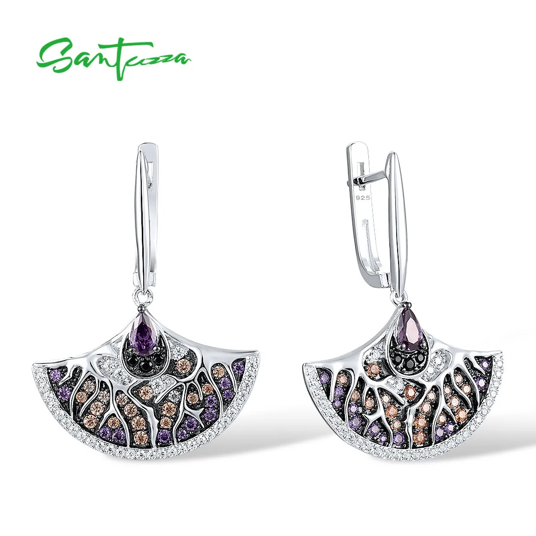 SANTUZZA-Fan-Shape-Earrings-For-Women-Pure-925-Sterling-Silver-Black ...