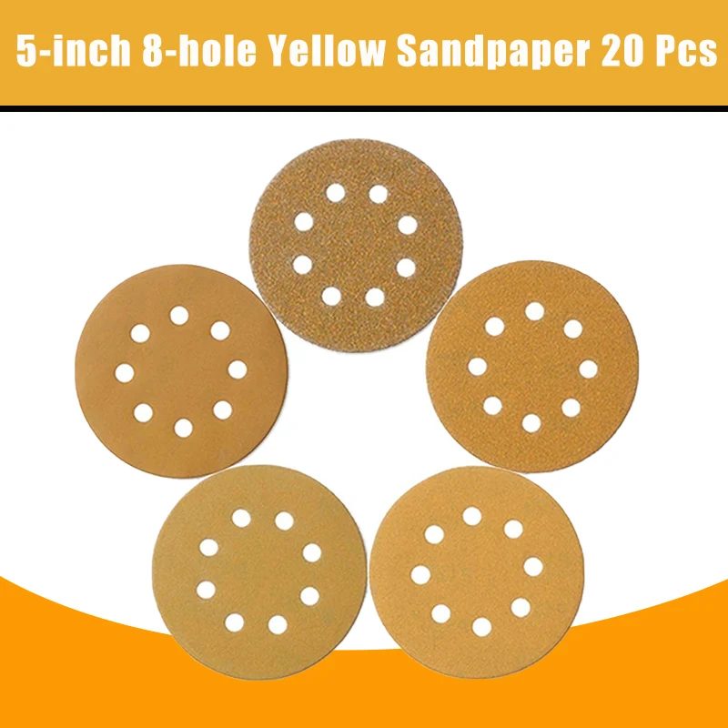 5-inch 8-hole 125mm Yellow Sanding Discs Hook & Loop Sand Paper 20 Pcs ...