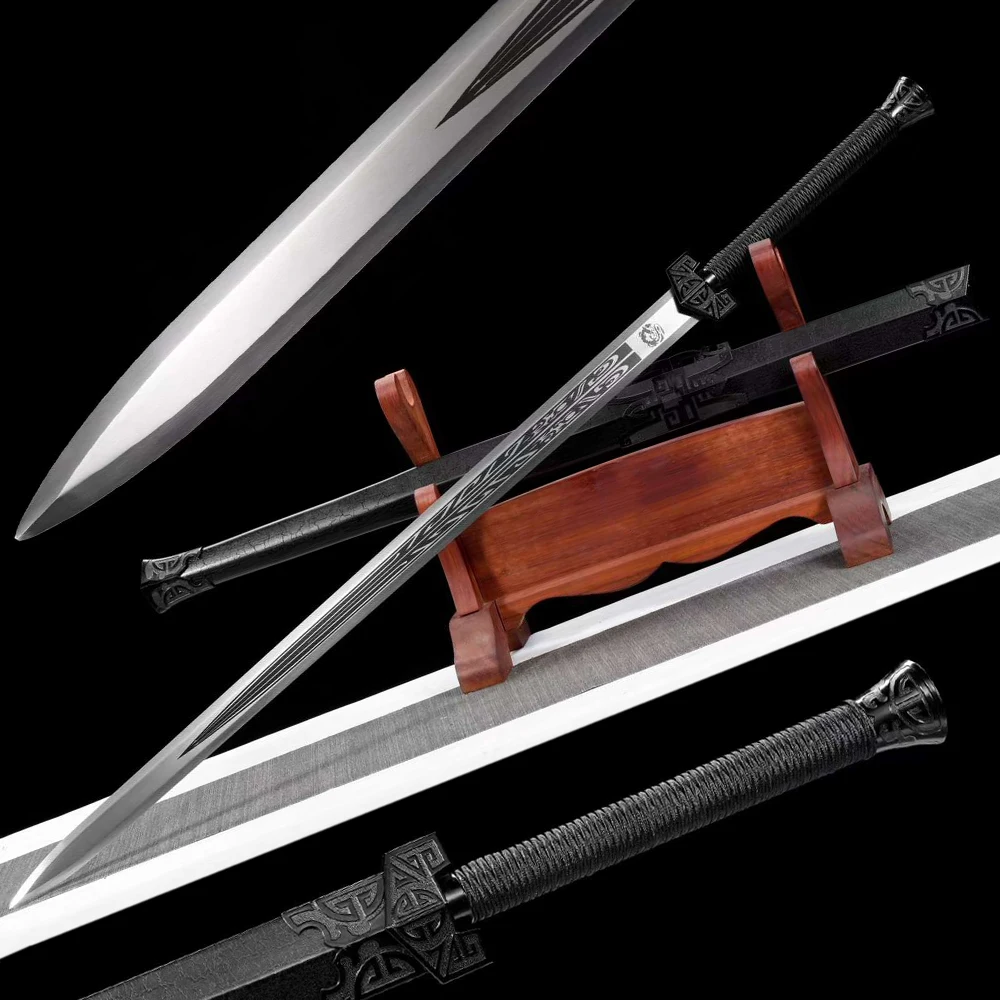 Traditional-Chinese-Sword-Black-Swords-Cold-Steel-Blade-With-Engraving-Painted-Wood-Scabbard ...