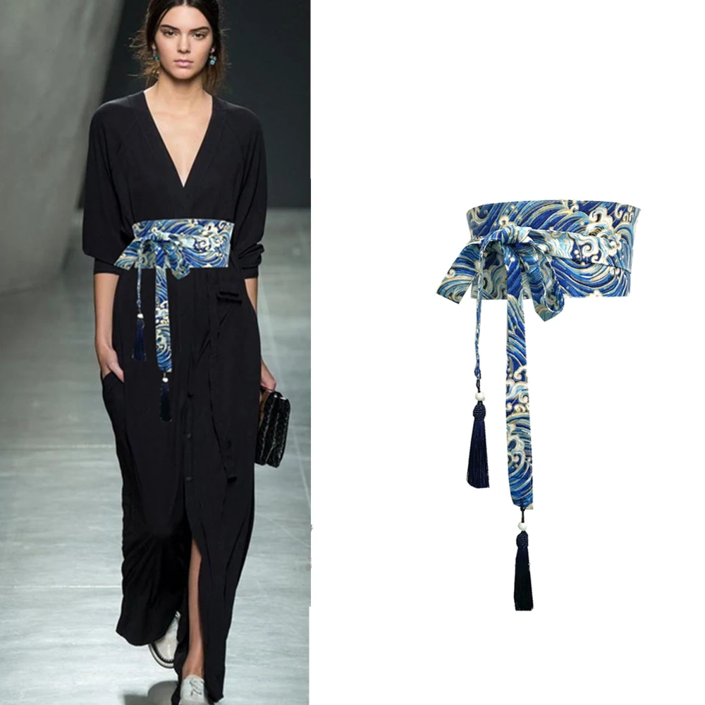 Women Fashion Tide Belt Tassel Bandage Wide Belt Yukata Crane Floral ...