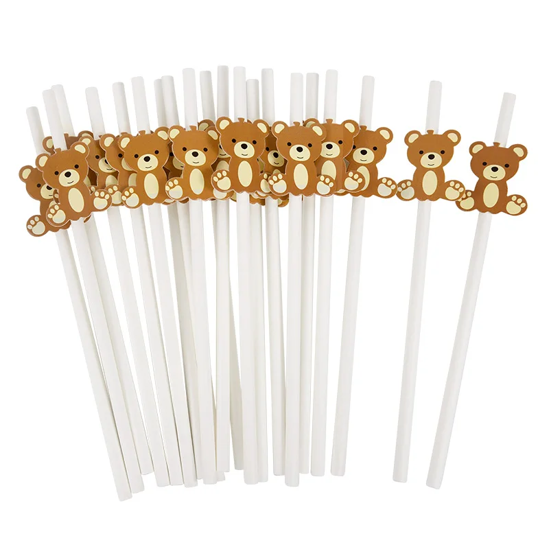 10-30Pcs-Brown-Bear-Paper-Straws-Disposable-Drinking-Straw-Kids-1st-Boy ...
