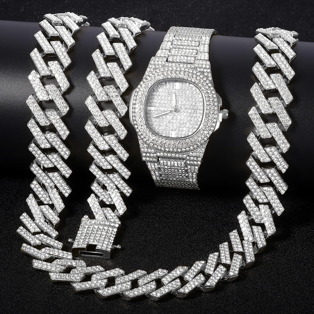 Collar-reloj-y-pulsera-de-estilo-Hip-Hop-Miami-Curb-cadena-cubana-de ...