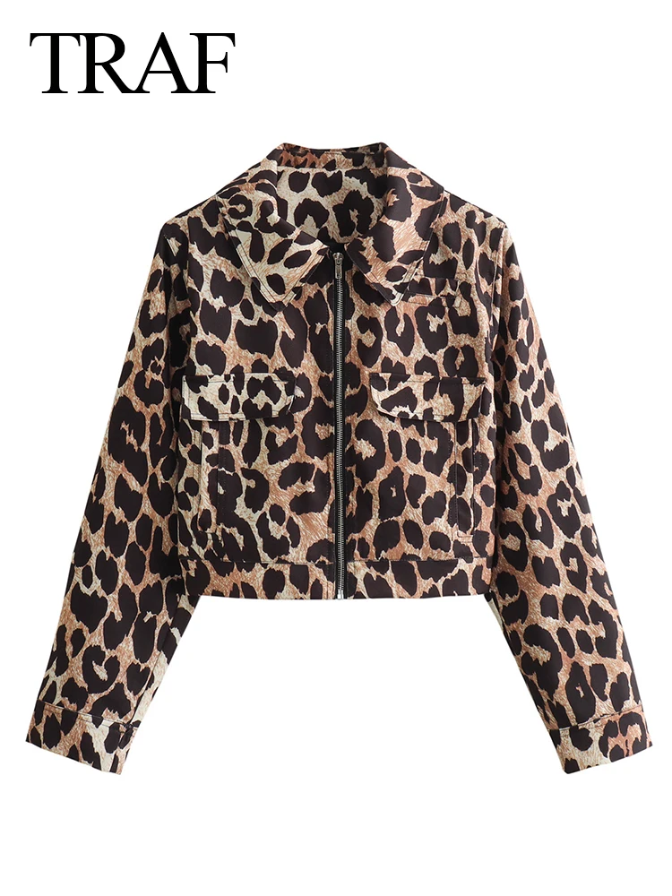 TRAF-Vintage-Casual-Women-Jackets-Leopard-Print-Zippers-Turn-down ...