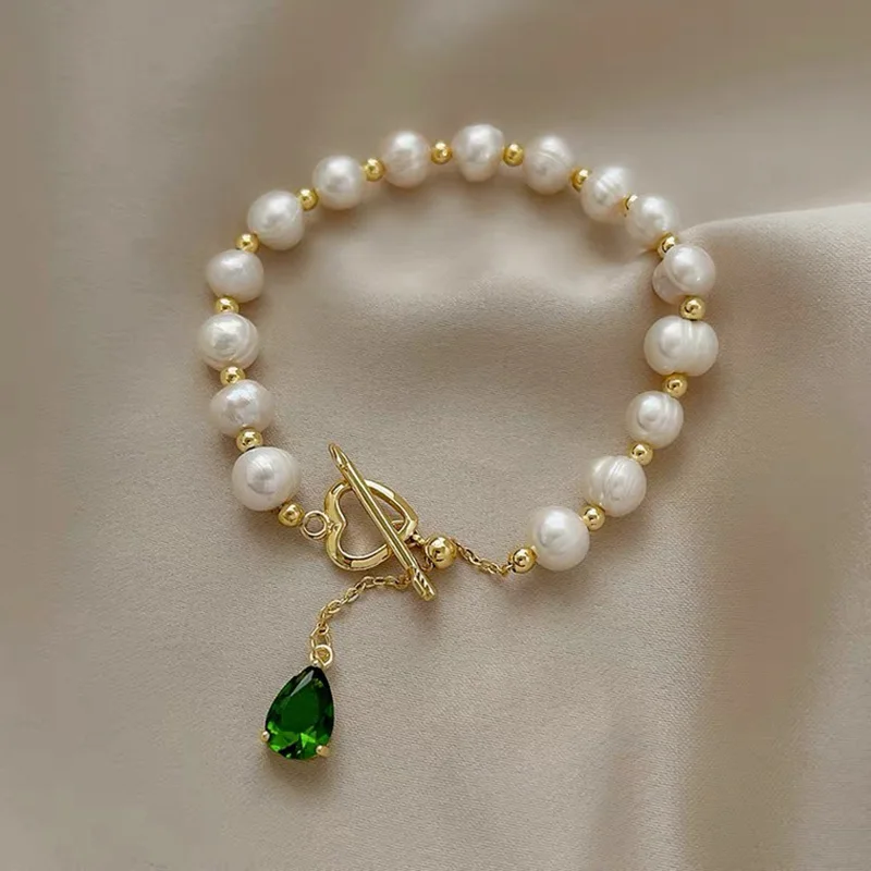 Vintage Luxury Green Crystal Pearl Bracelet Women Summer New OT Buckle Pendant Love Charm ...