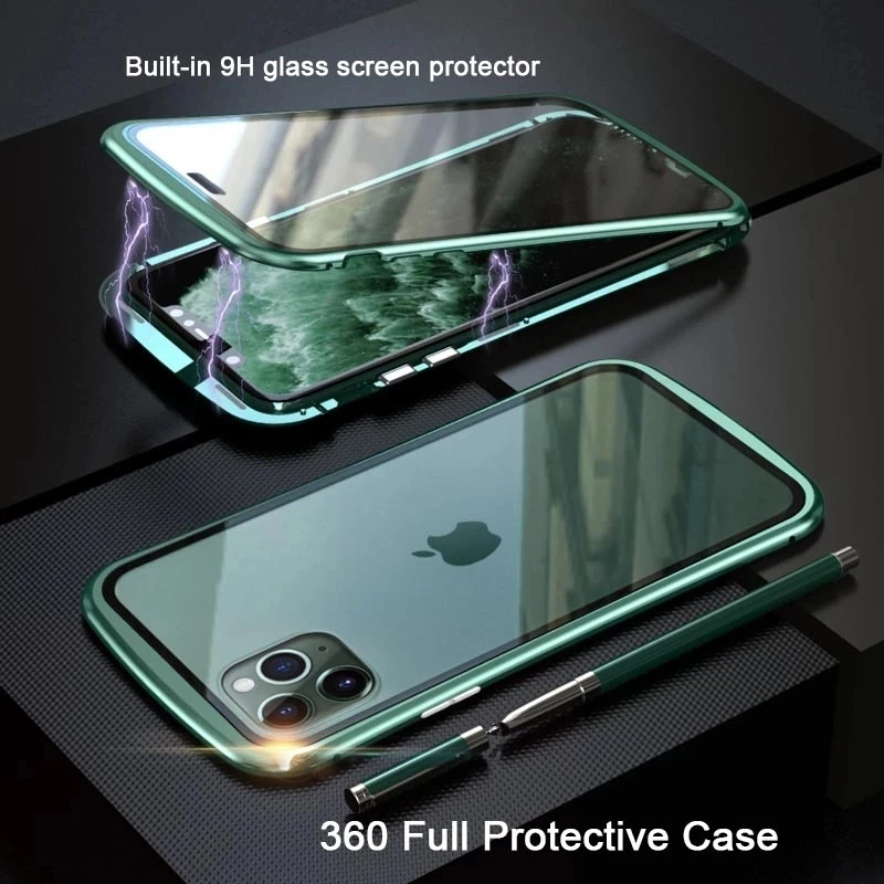 Metal-Frame-Phone-Case-Double-Sided-Glass-Magnetic-For-iPhone-11-12-13 ...