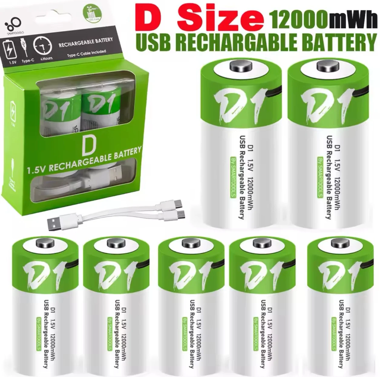 1.5V Lr20 12000Mwh D Size Rechargeable Lithium Battery with Type-C ...