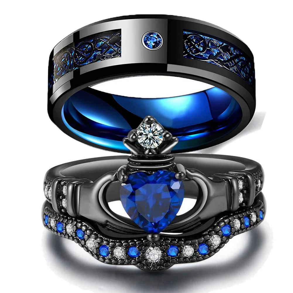 Charm-Couple-Rings-Romantic-Blue-Rhinestones-Crown-Women-Rings-Set-Men ...