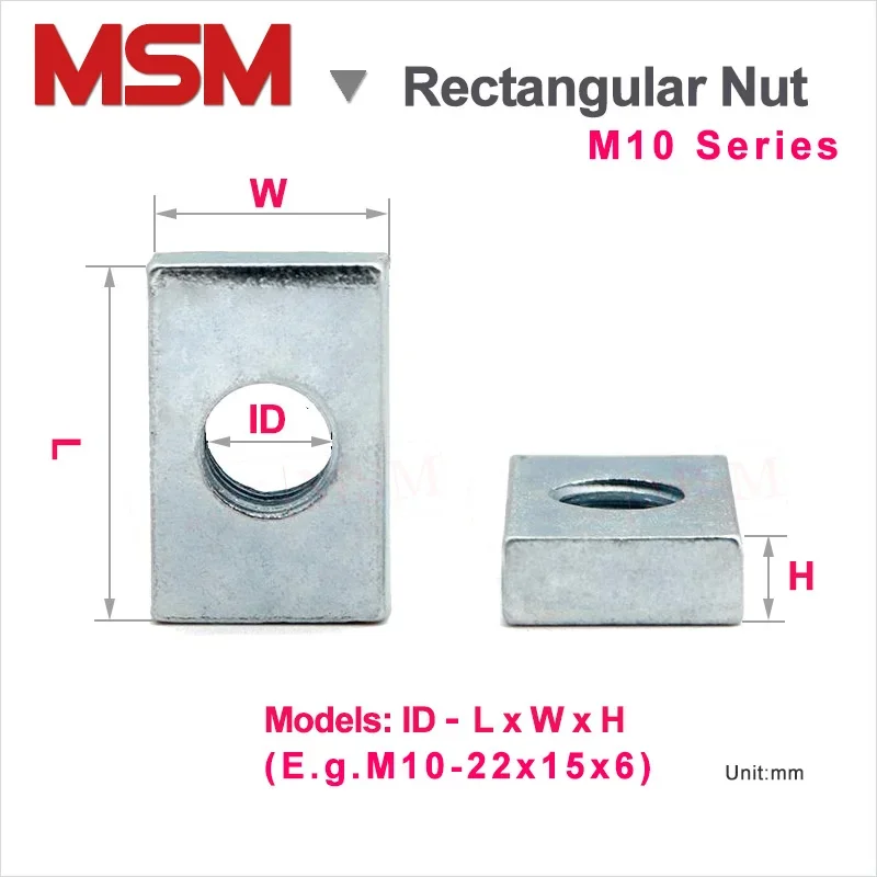 5pcs Rectangular Nuts M10 Hole 10mm Zinc Plated Carbon Steel Thin ...
