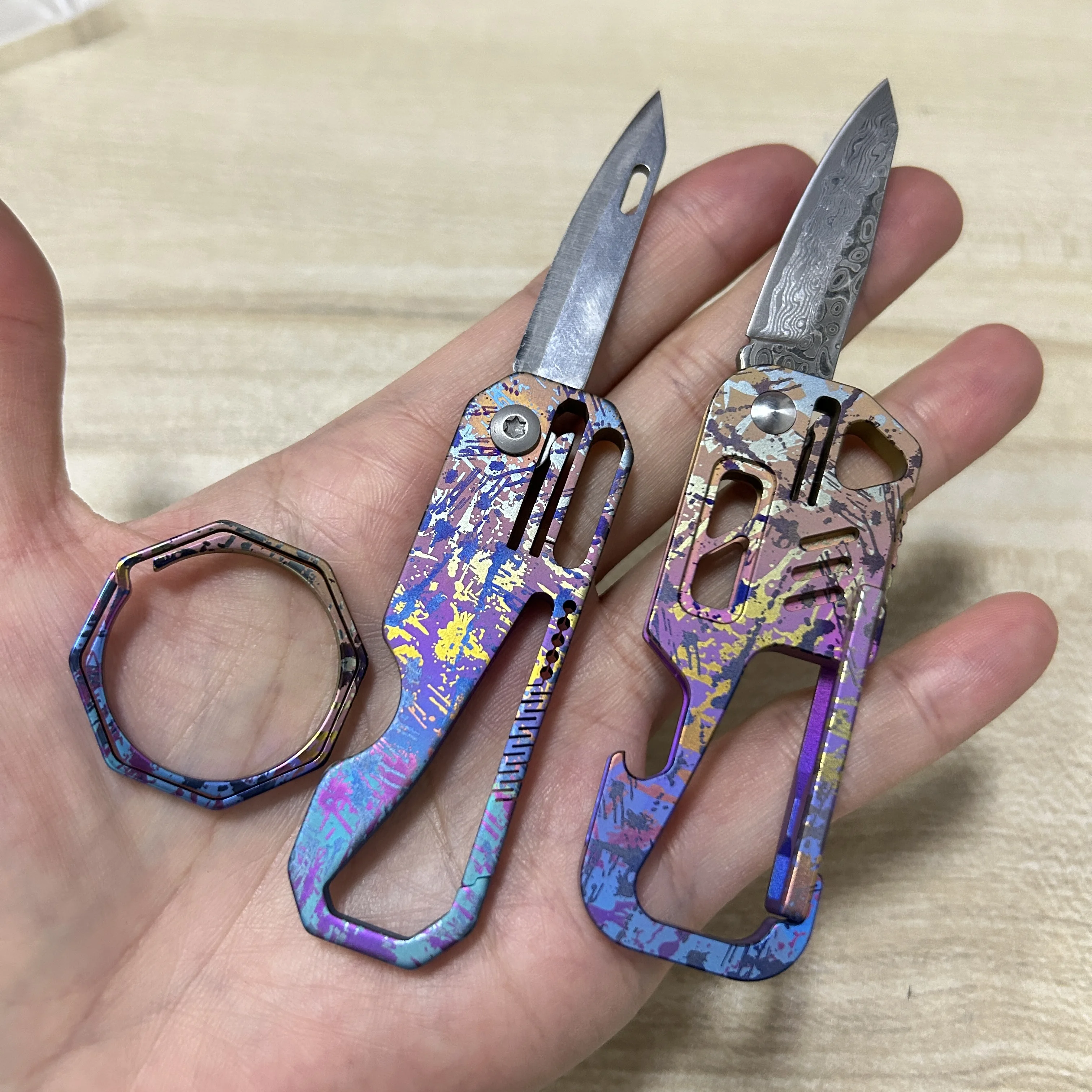 Colored-Titanium-Alloy-Folding-Knife-Damascus-Blade-Outdoor-Climbing ...