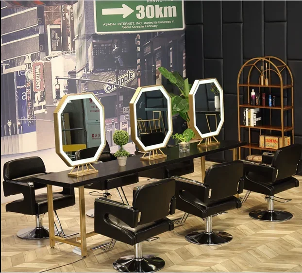 Hair-salon-double-sided-illuminated-mirror-retro-solid-wood-studio ...