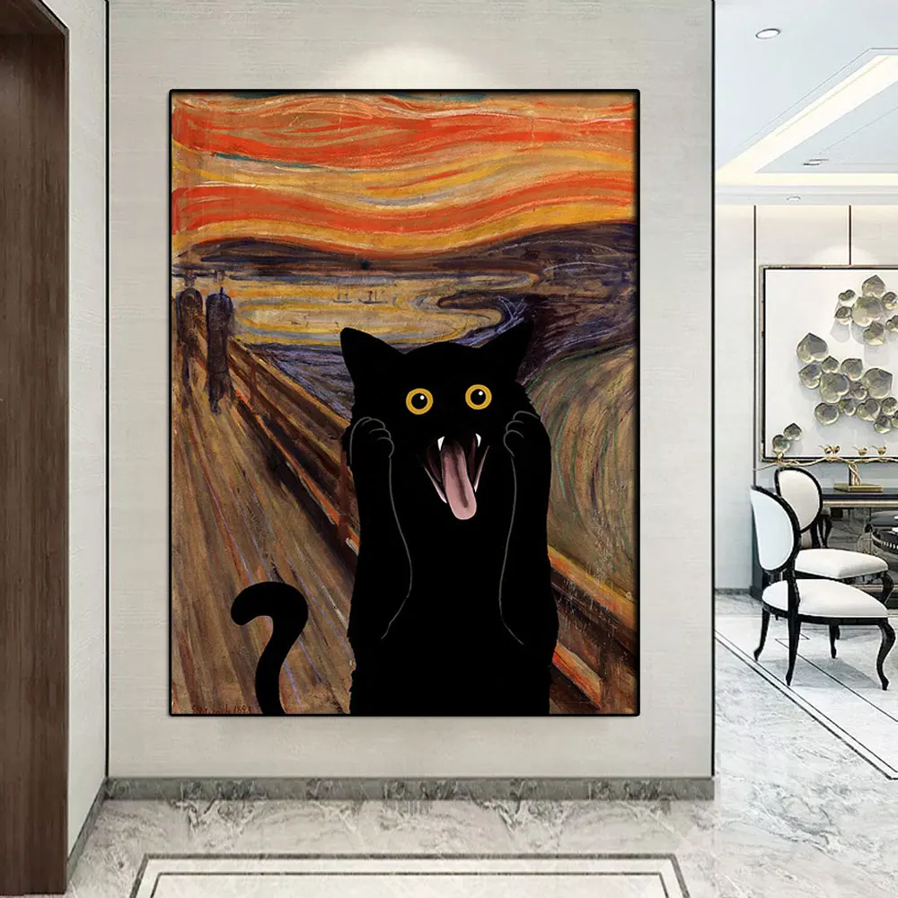 Black-Cat-Poster-The-Scream-Cat-Print-Original-Painting-Poster-Canvas ...