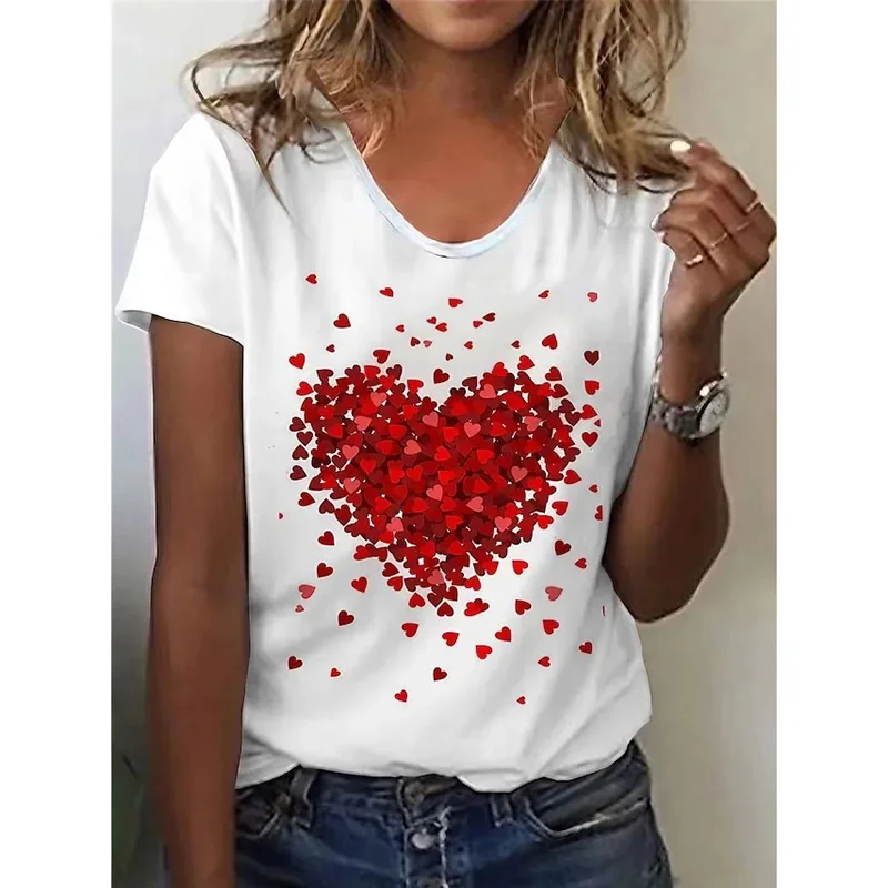 Heart-Print-Womens-T-Shirt-Valentines-Day-Gifts-Tshirt-Summer-Crew-Neck ...