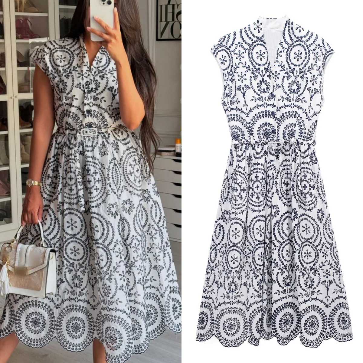 Contrast Color Embroidered Mid-Length Sleeveless Slim Long Dress Women ...