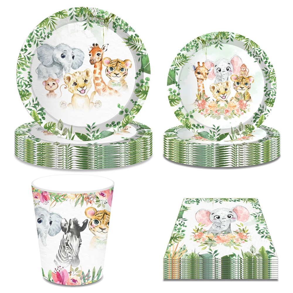 Juego de vajilla desechable con temática de animales salvajes de la selva, platos de papel ...
