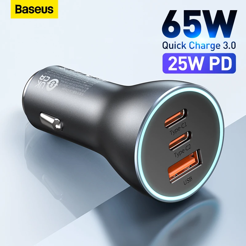 Baseus Car Charger 65w Fast Charging Triple-port Usb Type-c Phone ...
