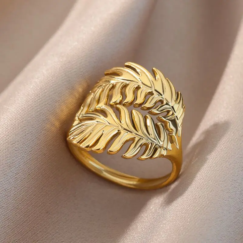 Palm-Leaf-Ring-for-Women-Men-Stainless-Steel-Gold-Plated-Leaves-Ring-Couple-Vintage-Wedding ...
