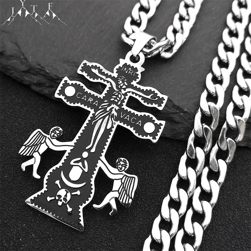 Catholic-INRI-Caravaca-Cross-Crucifix-Cherub-Angel-Necklace-Women-Men ...