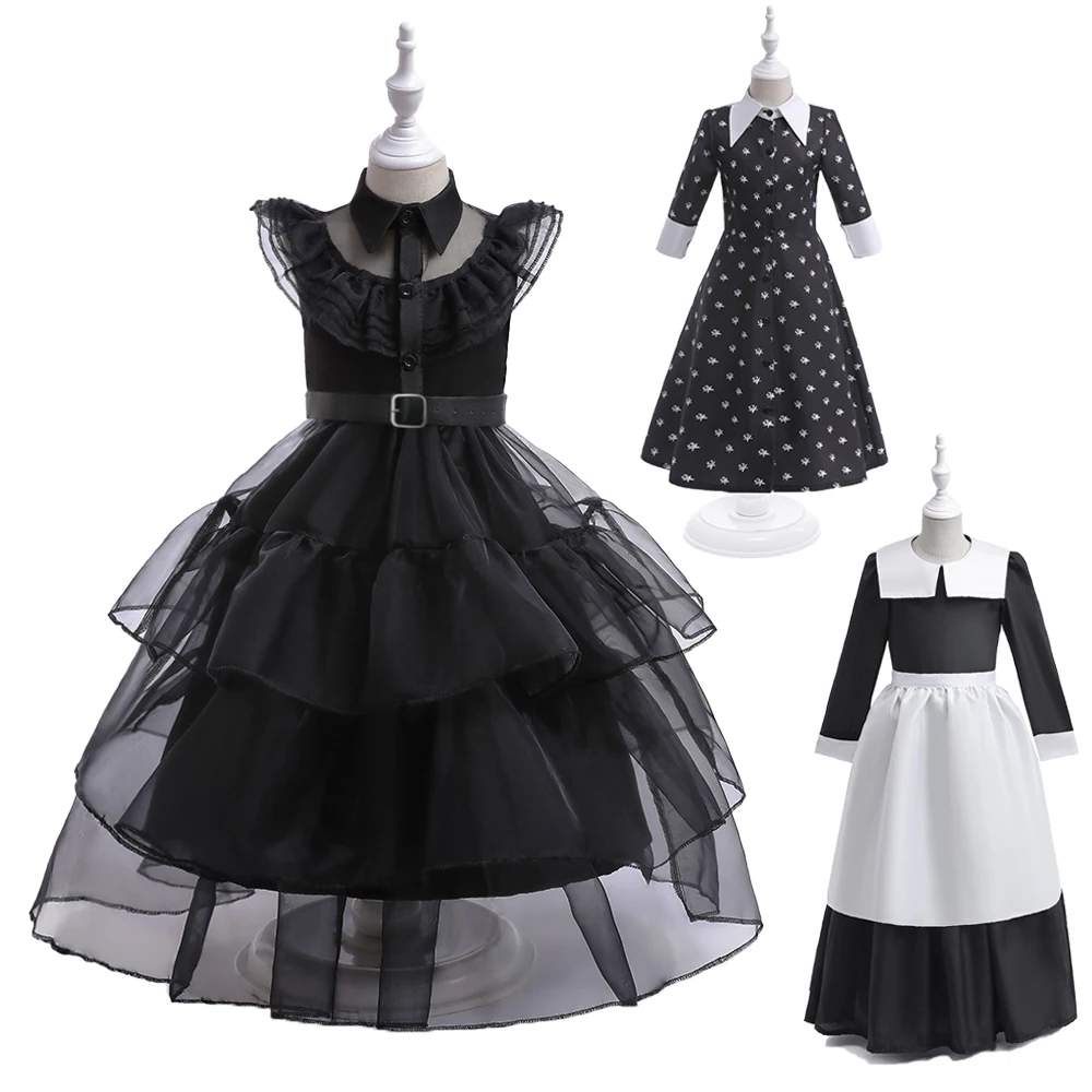 Girl Wednesday Addams Mesh Princess Dress Children Maid Apron Halloween ...