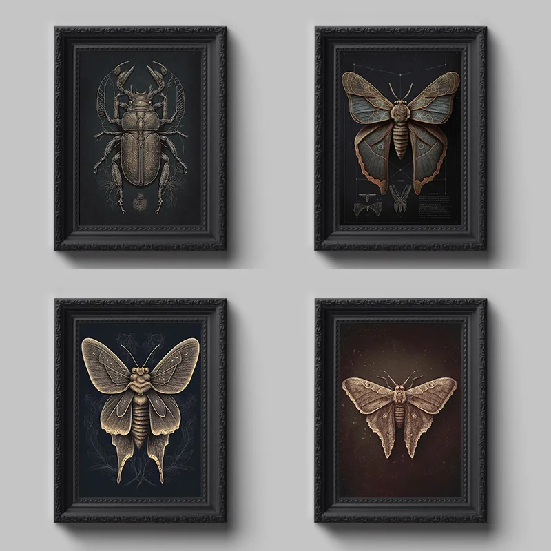 Vintage Dark Academia Insect Beetle And Golden Moth Poster Canvas ...