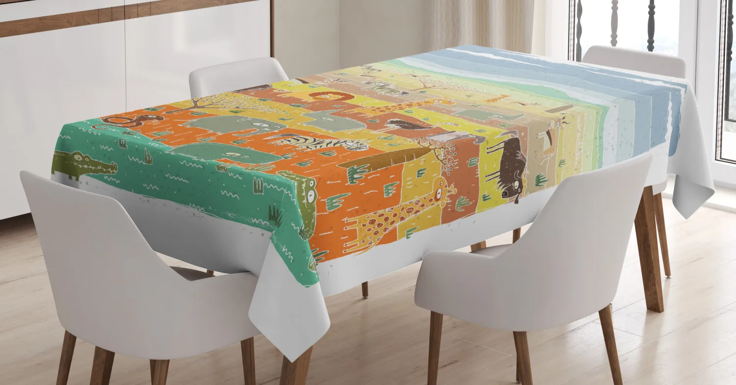 Cartoon-Tablecloth-Savannah-with-Doodle-Animals-Snake-Printed-Fabric ...