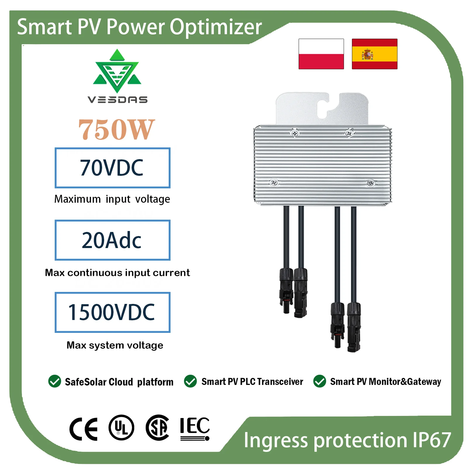 750W Smart PV Power Optimizer 70V DC Input 20A dc IP67 Real-time Solar ...