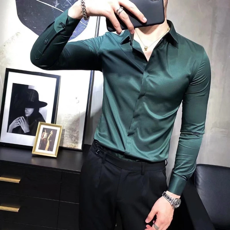 Green Shirts and Blouses for Men Business Long Sleeve Plain Man Tops ...