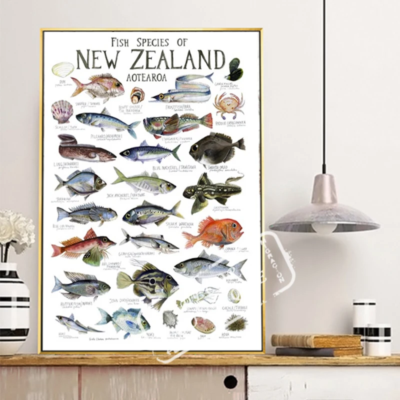 Fishes-Species-of-New-Zealand-Seafood-Poster-Vintage-Retro-Canvas ...