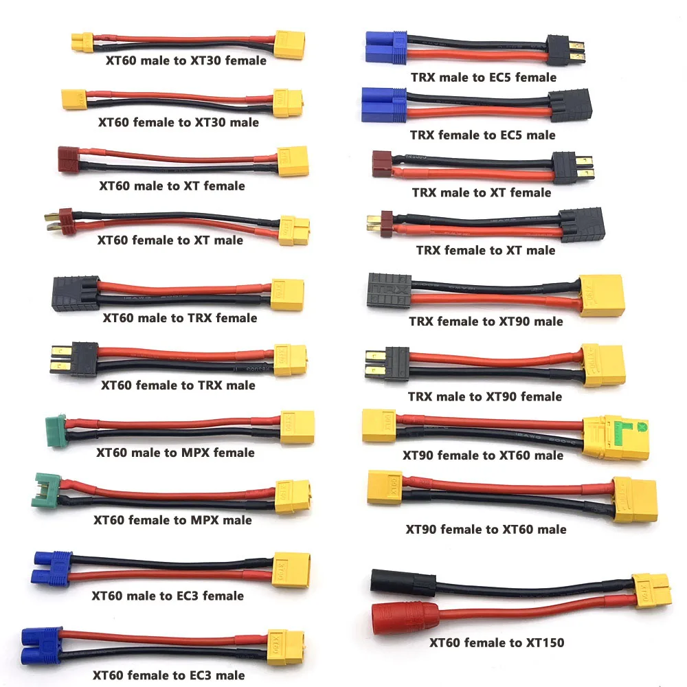 Xt30 Xt60 Xt90 Ec5 Ec3 Xt Tpx Mpx T Plug Female To Male Adapter Connectors 10cm Connector For Rc ...