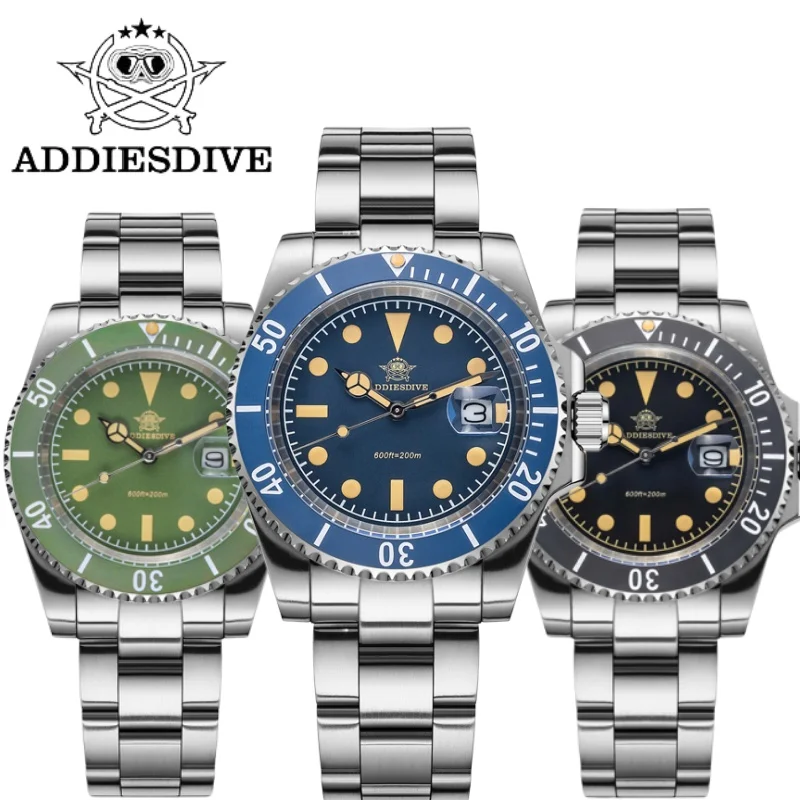 ADDIESDIVE 41mm AD2054 Men luxury Watch Ceramic Ring Luminous Date 200M ...