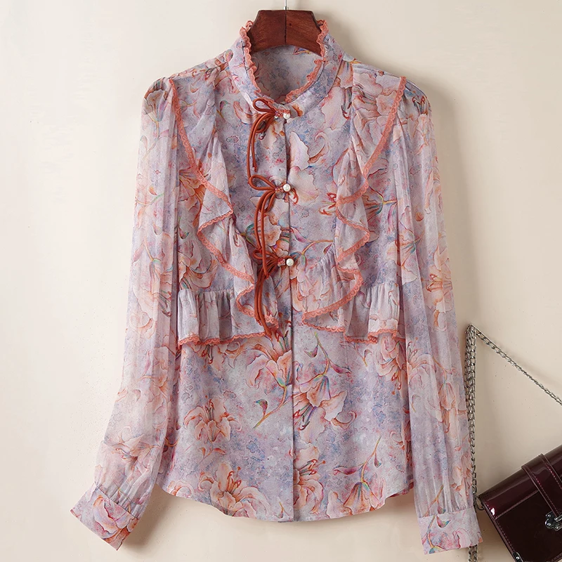 100% Real Silk Women's Vintage Shirt Spring Summer Fashion Woman Floral ...