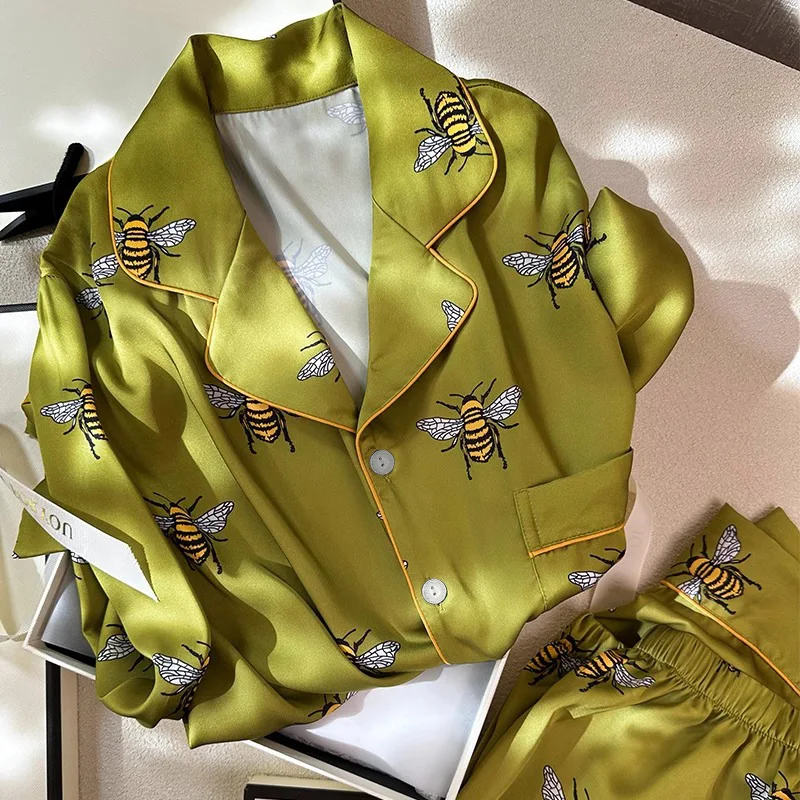Women-s-Pajama-Set-Spring-Autumn-2-Piece-Bee-Print-Pyjama-Pocket-Faux ...