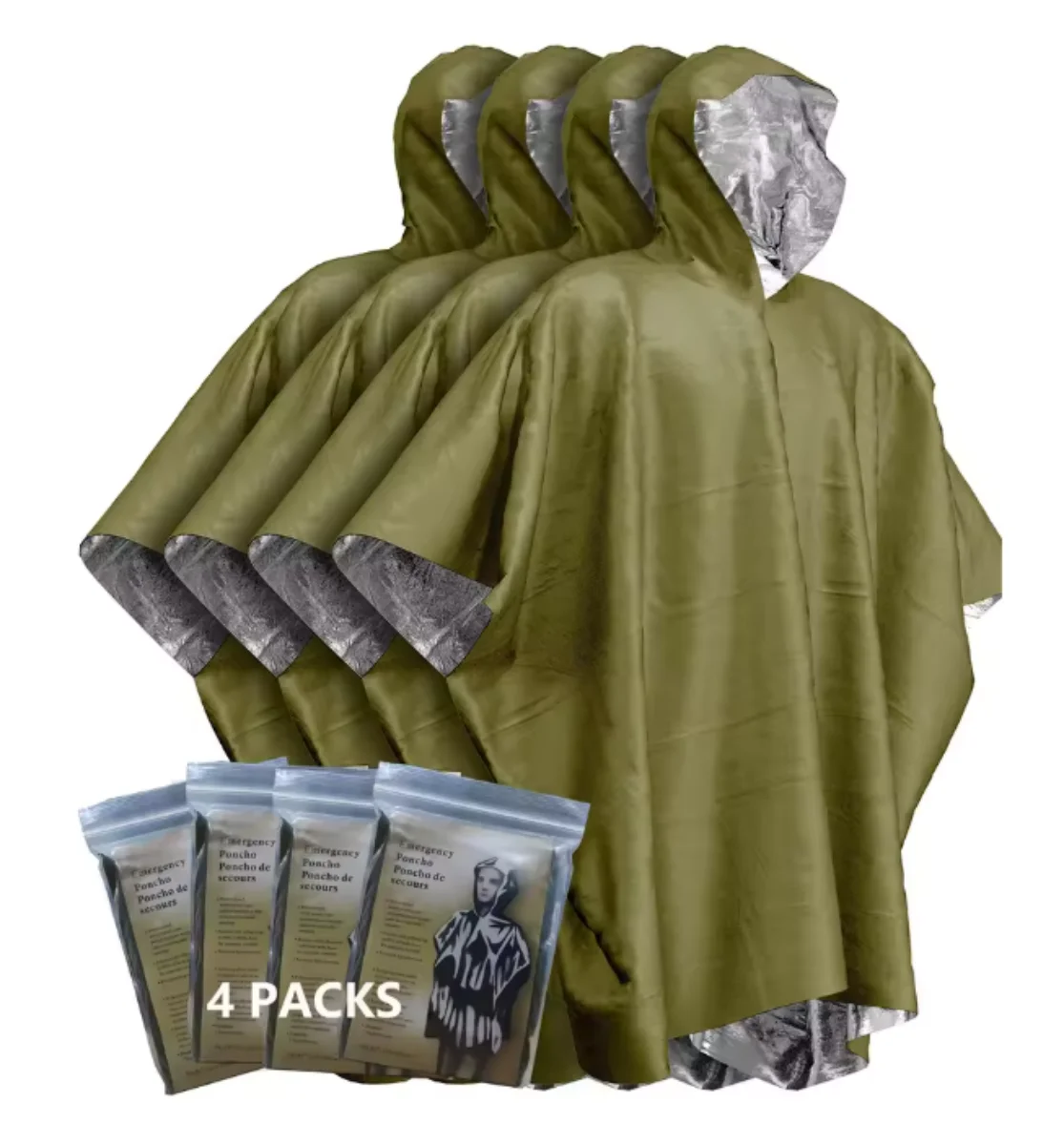 Emergency Rain Poncho with Hood - 4 Pack, PE, Water-Resistant, Survival ...