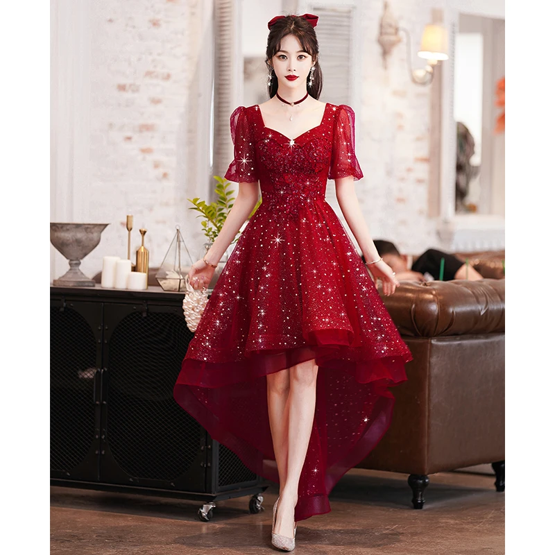 Vinho vermelho High Low Prom Dresses, Querida elegante, Apliques luxuosos, Tule Brilhante ...