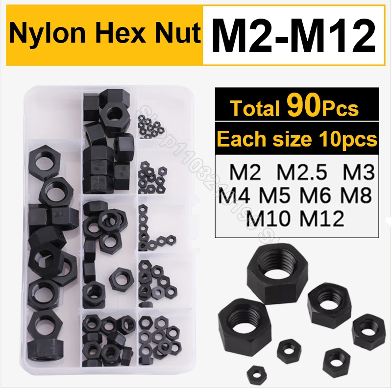 90Pc M2 M2.5 M3 M4 M5 M6 M8 M10 M12 Black Nylon Hexagon Nut Plastic ...