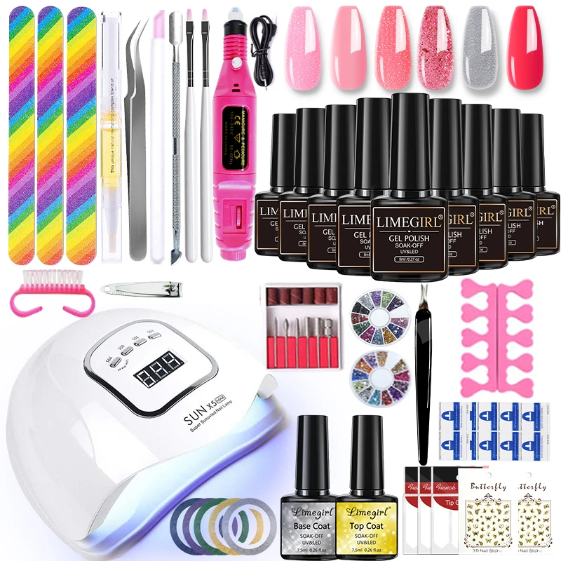 Manicure Set Nail Polish Kit With LED Nail Lamp Semi Permanent UV ...
