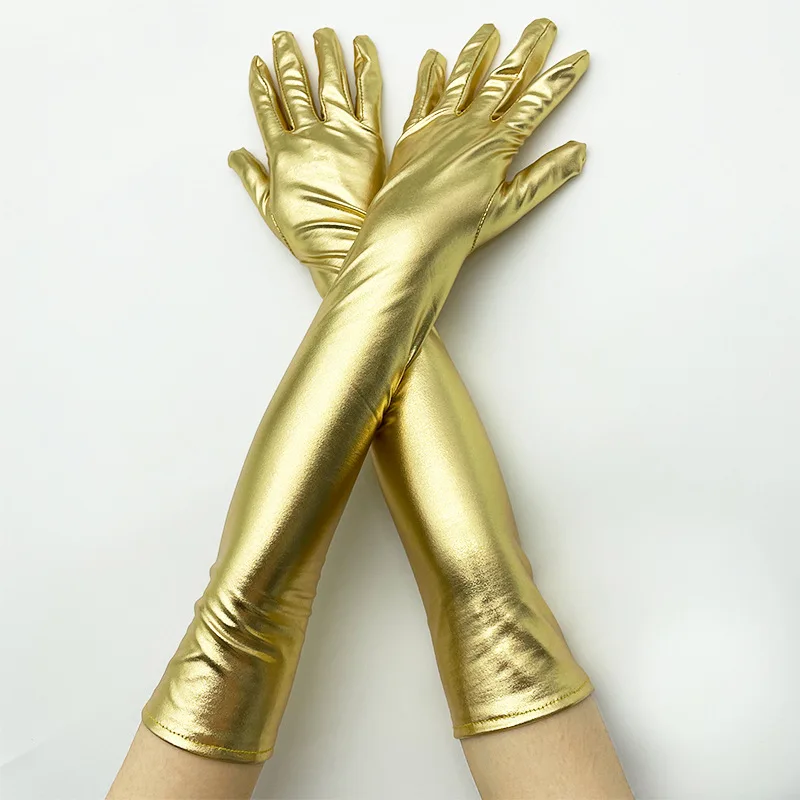 Gold Silver Wet Look Fake Leather Metallic Gloves Evening Party ...