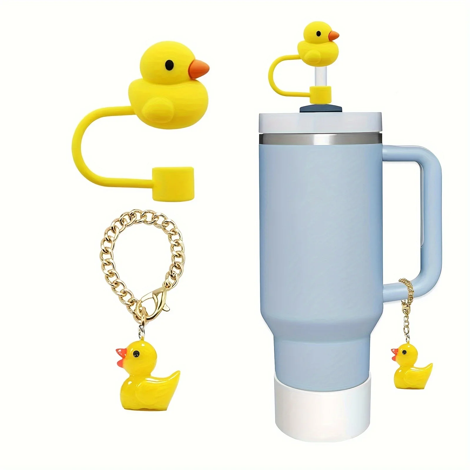 Silicone-Duck-Straw-Topper-and-Charm-Chain-Set-Reusable-Cartoon-Straw ...