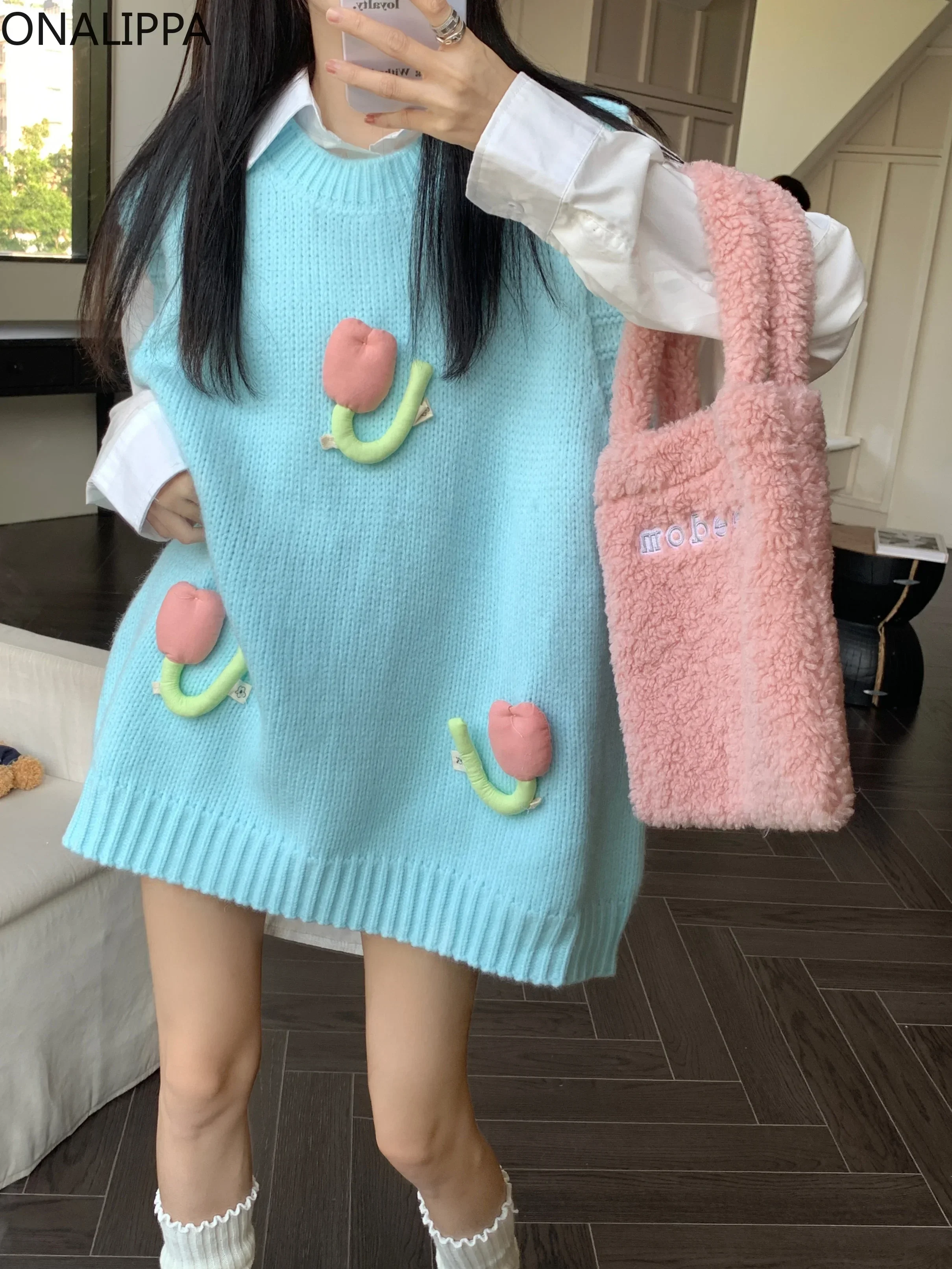 Onalippa Kawaii Three Dimensional Flowers Sweater Vest All Match ...