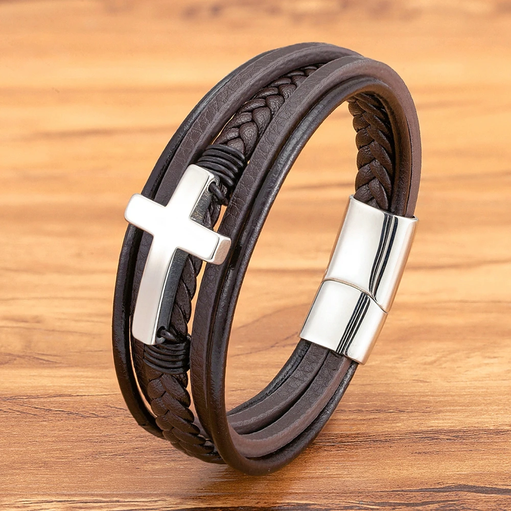 XQNI Punk Cross Design Leather Bracelet Classic Stainless Steel Men's ...