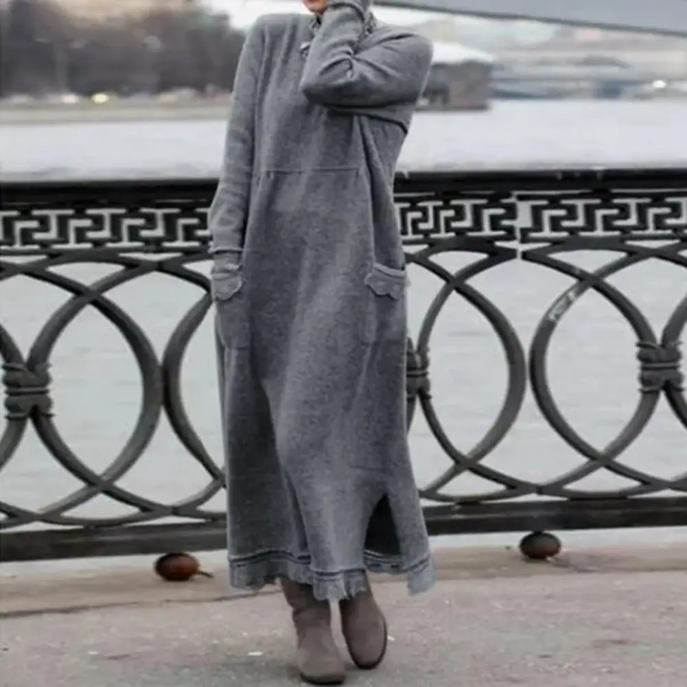 Thickened Velvet Dress O Neck Long Sleeves Slit Hem Knitted Lace Trim ...