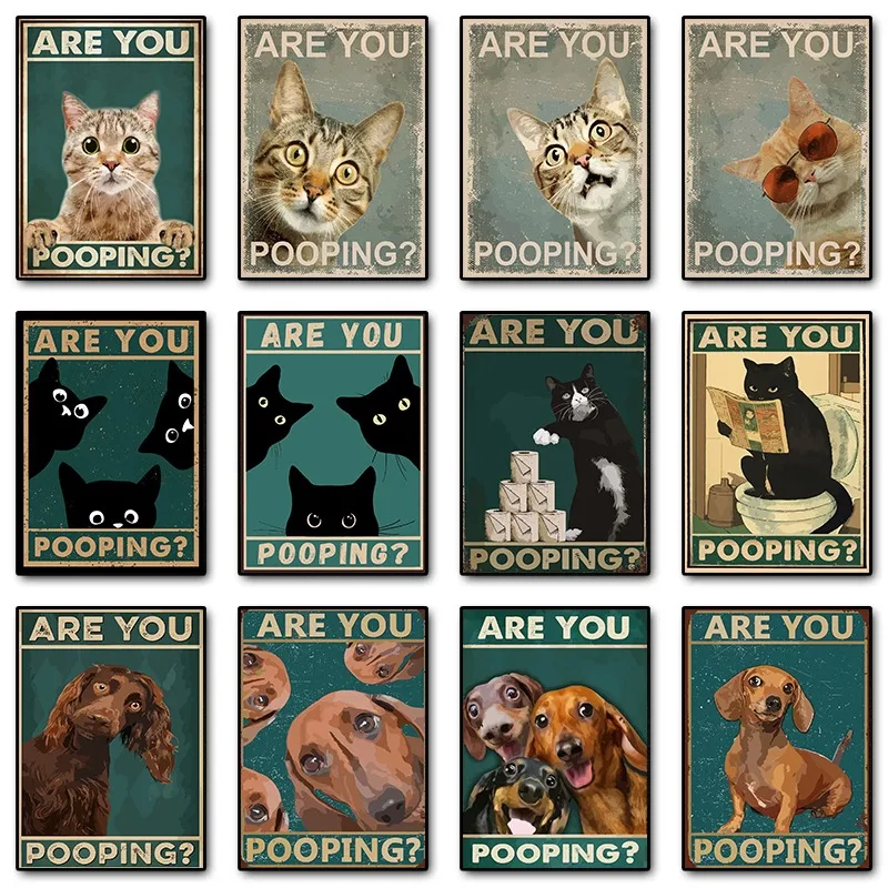 Animals Cat Dog Are You Pooping Funny Bathroom Sign Poster Print Canvas ...